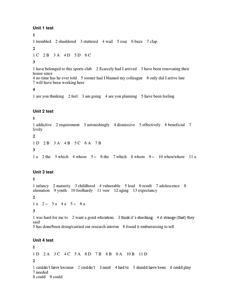 Answer Key Units Tests Pdf