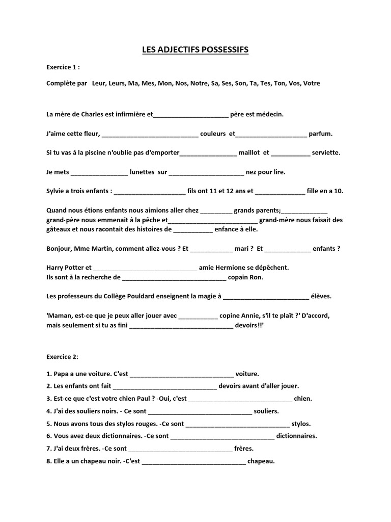 Exercices sur les adjectifs possessifs | PDF | Loisirs