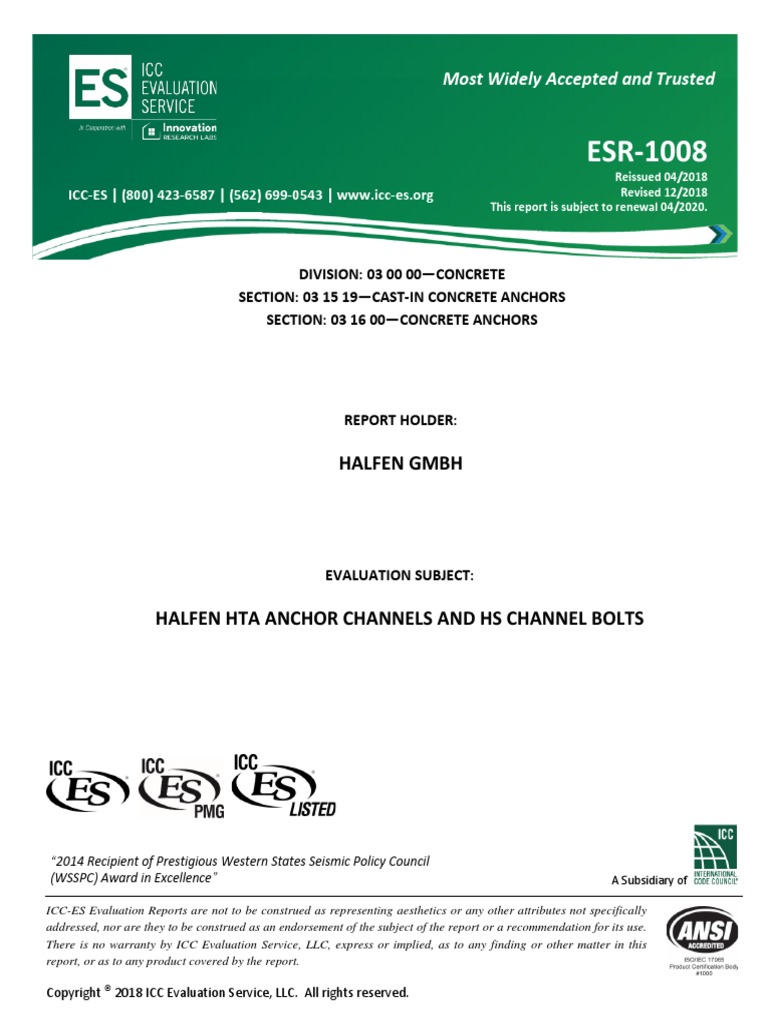ICC-ES Evaluation Report ESR-1008: Halfen GMBH | PDF | Bending | Civil ...
