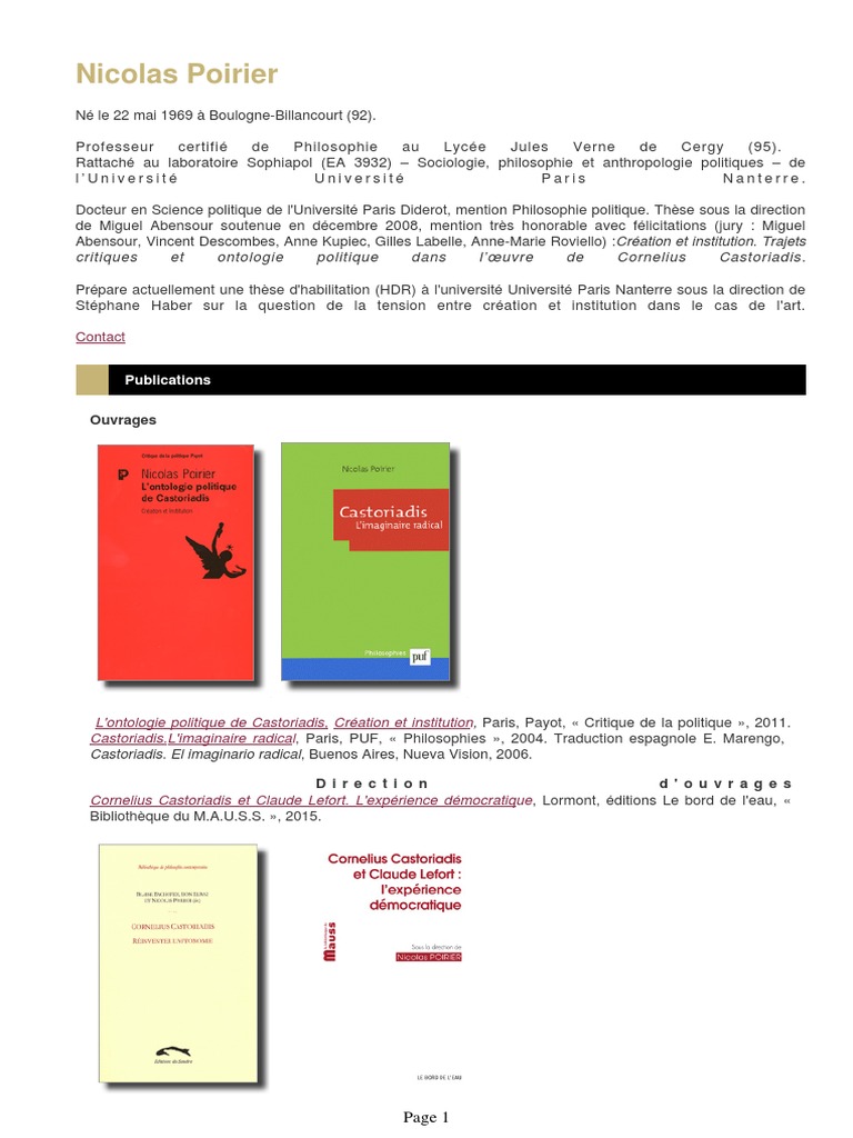Nicolas Poirier : Philosophie et Castoriadis | PDF | Paris | Université