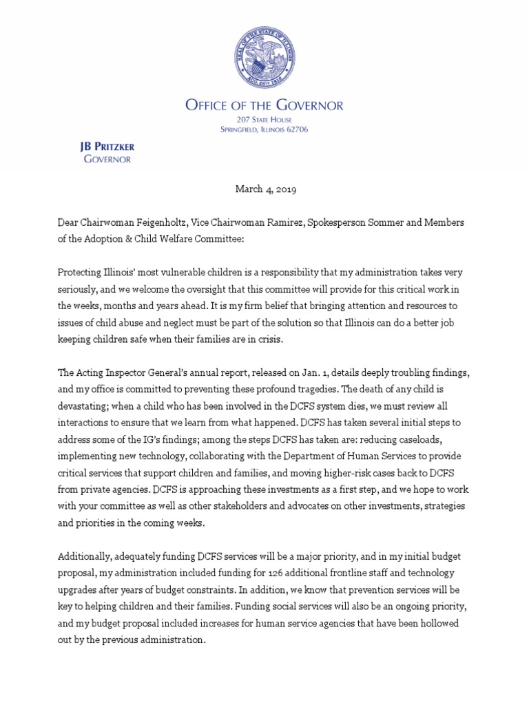 DCFS Committee Letter from Governor Pritzker | Child Protective ...