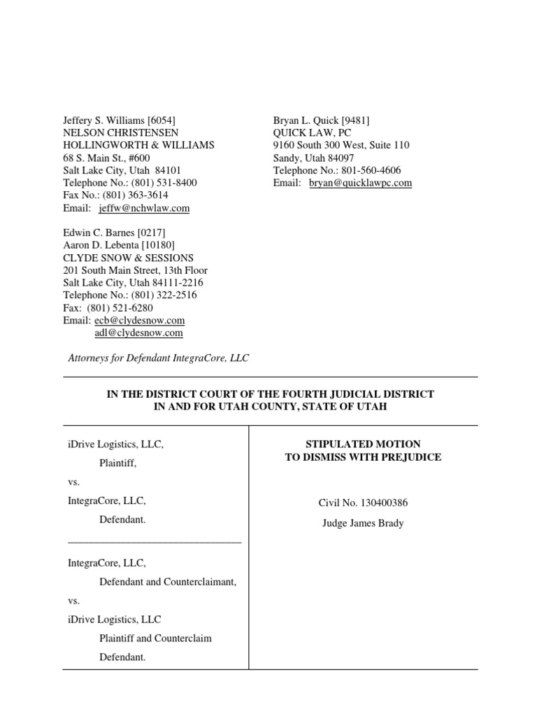 Stipulation To Dismiss Idrive Integracore Case | PDF | Prejudice (Legal ...