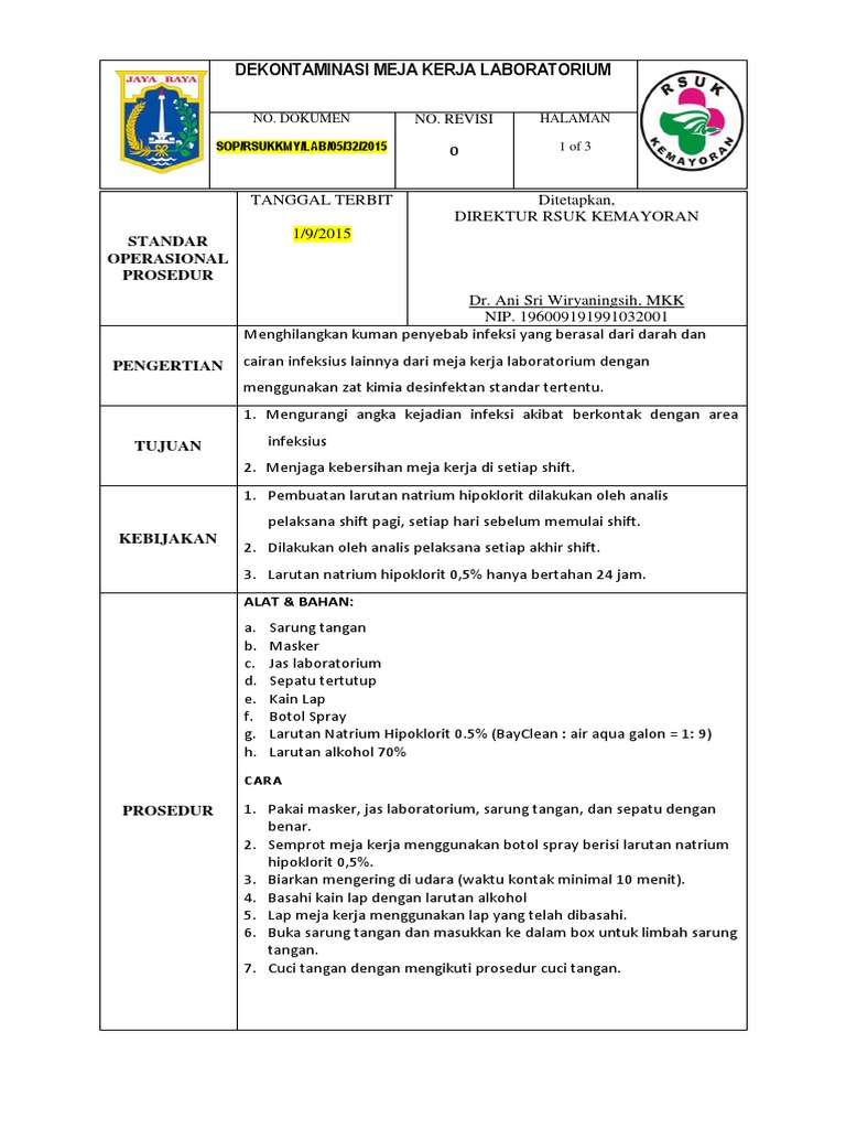 SPO Dekontaminasi Meja Kerja Lab | PDF | Sains & Matematika