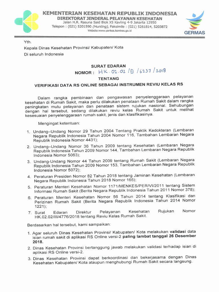 Surat Edaran Validasi Data RS Online PDF | PDF