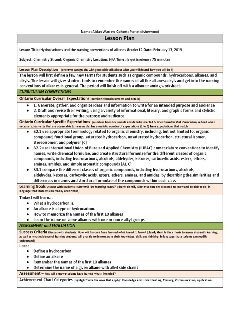 Litteracy Lesson Plan Grade 12 Academic Chemistry | PDF | Alkane ...