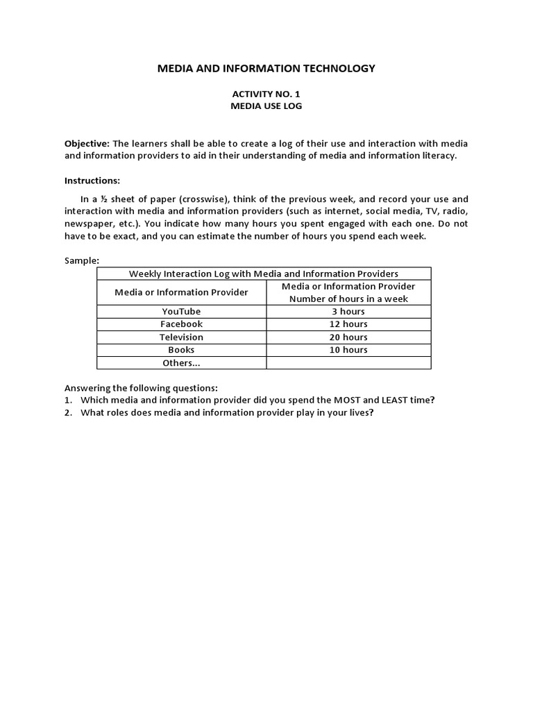 Media and Information Technology: Activity No. 1 Media Use Log | PDF