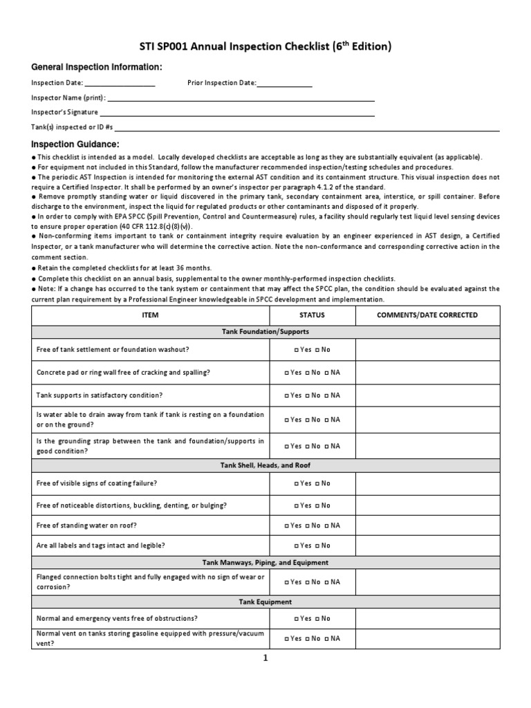 STI SP001 Annual Inspection Checklist (6 Edition) | Valve | Building ...