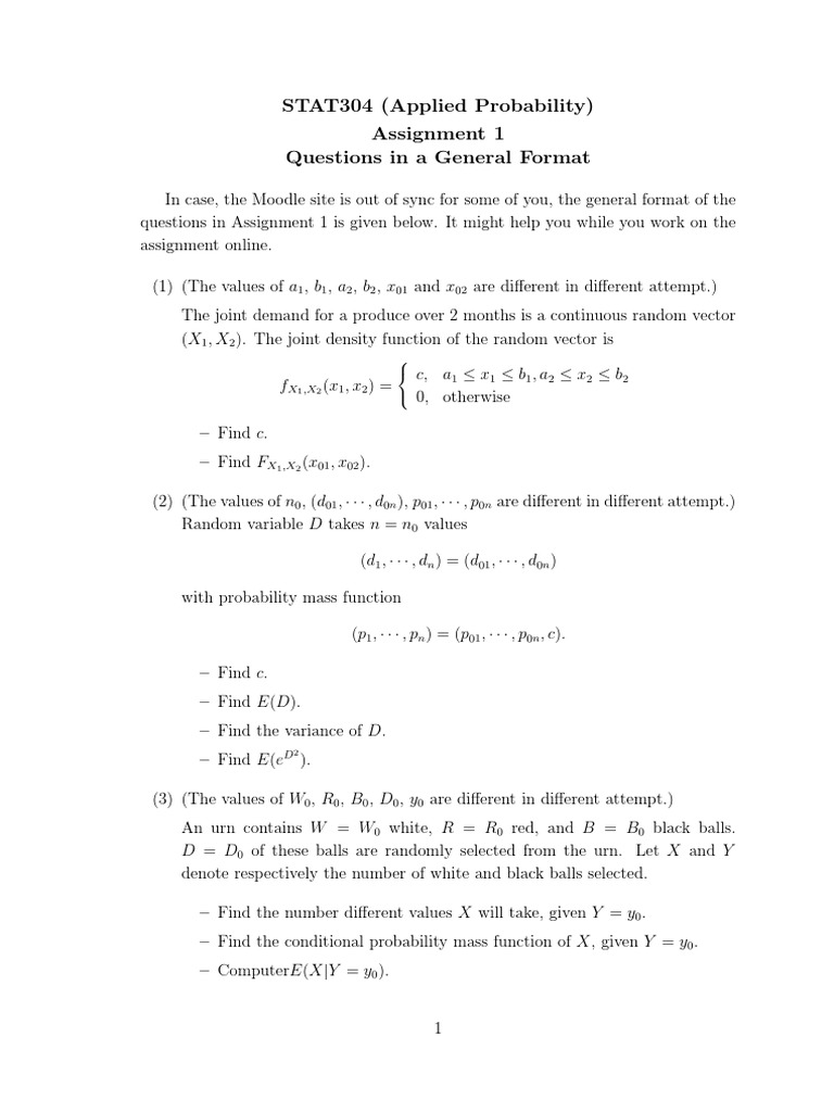 STAT304 (Applied Probability) Assignment 1 Questions in A General ...