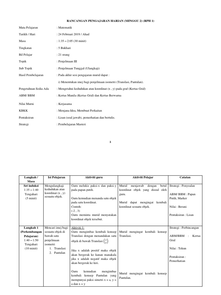 RPH Matematik: Penjelmaan Tunggal | PDF