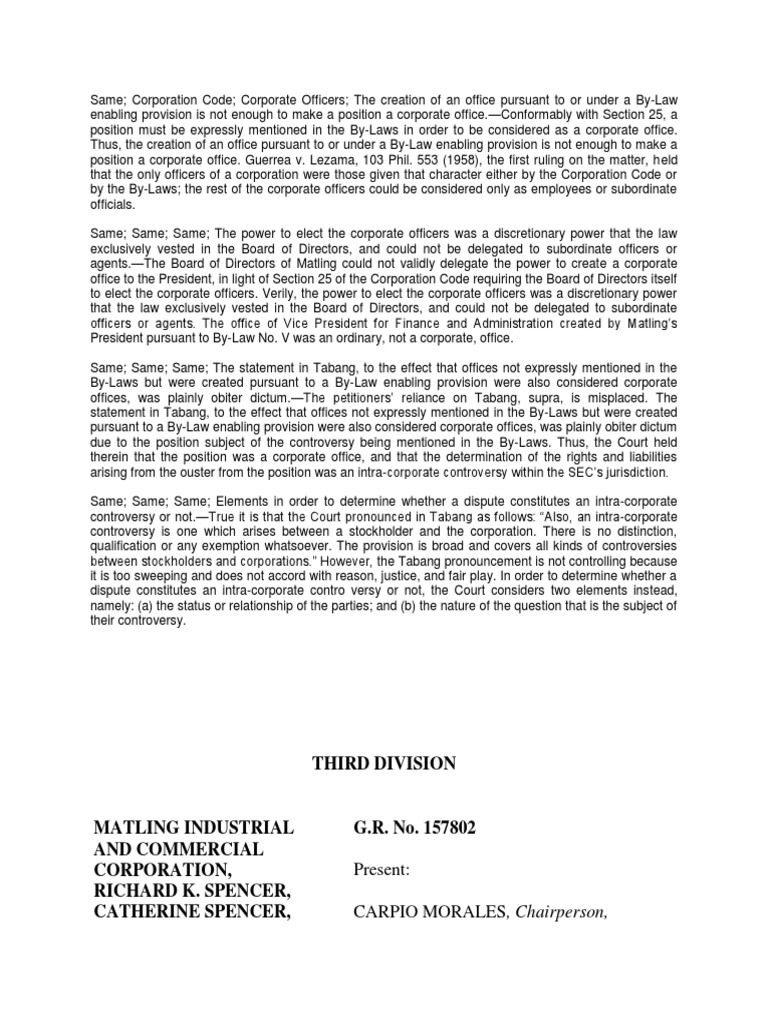 Matling Vs Coros | PDF | Board Of Directors | Jurisdiction