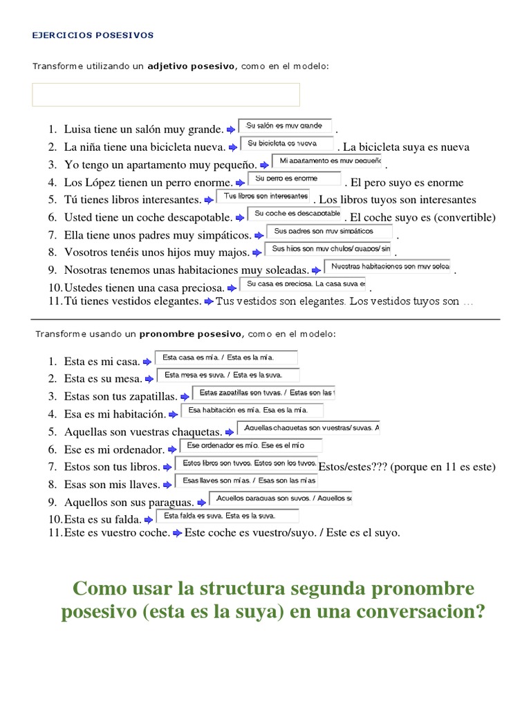 Ejercicio De Adjetivos Posesivos Y Pronombres Posesivos Los Posesivos