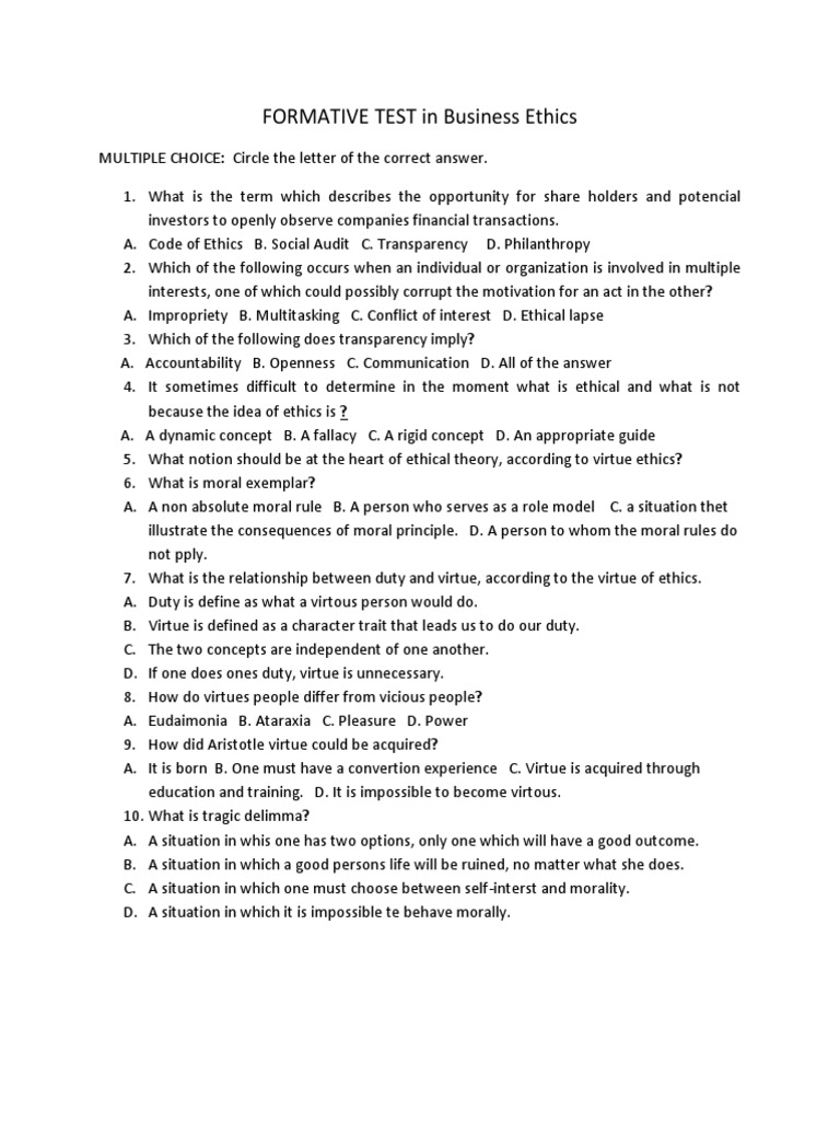 Business Ethics Formative Test | PDF | Business Ethics | Virtue Ethics