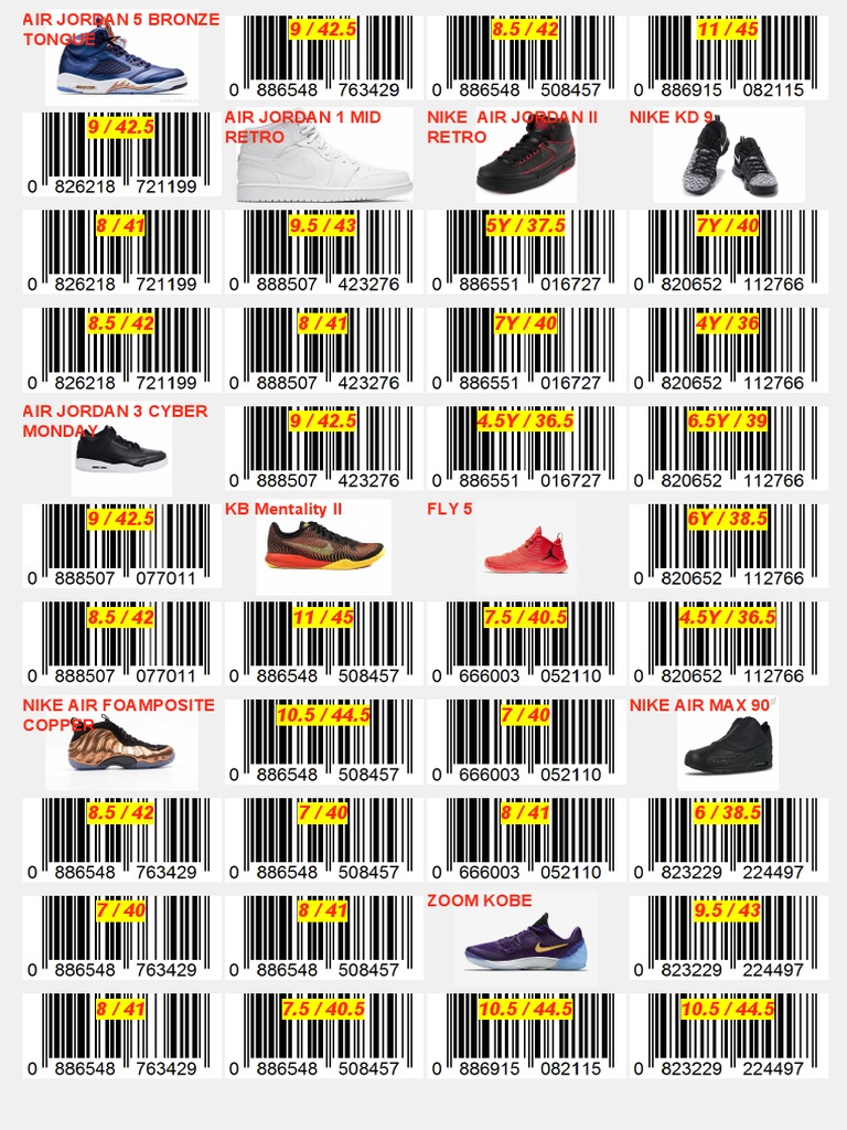 A4 Barcodes For Nike Sneakers | PDF