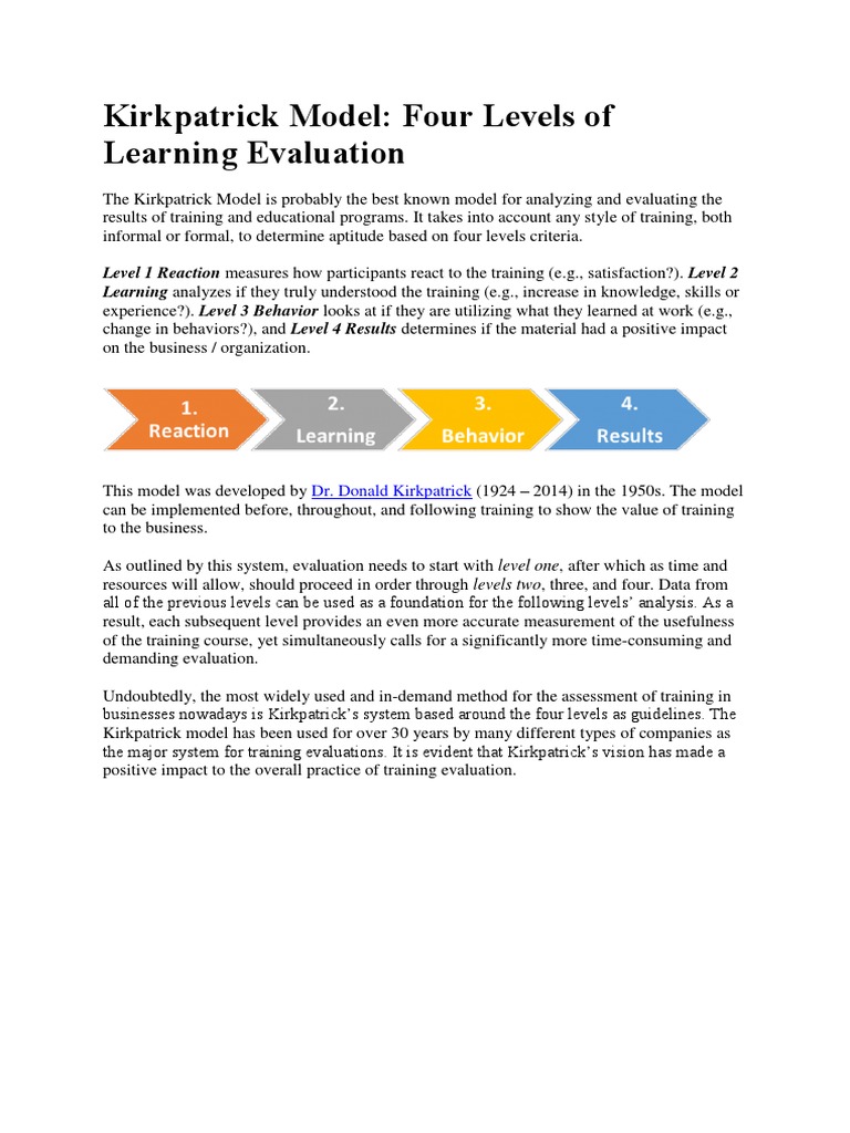 Kirkpatrick Model Four Levels of Learning Evaluation | PDF ...