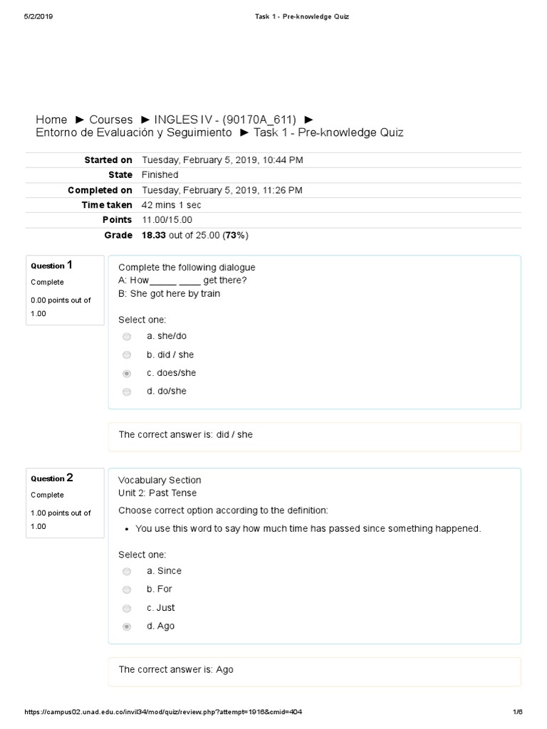 Task 1 - Pre-Knowledge Quiz | PDF | Question | English Language