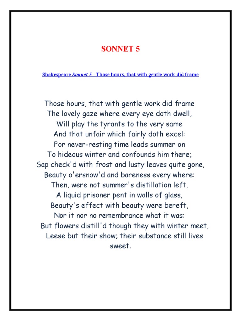 Shakespeare's Sonnet 5 Analysis | PDF | Poetry | Classics