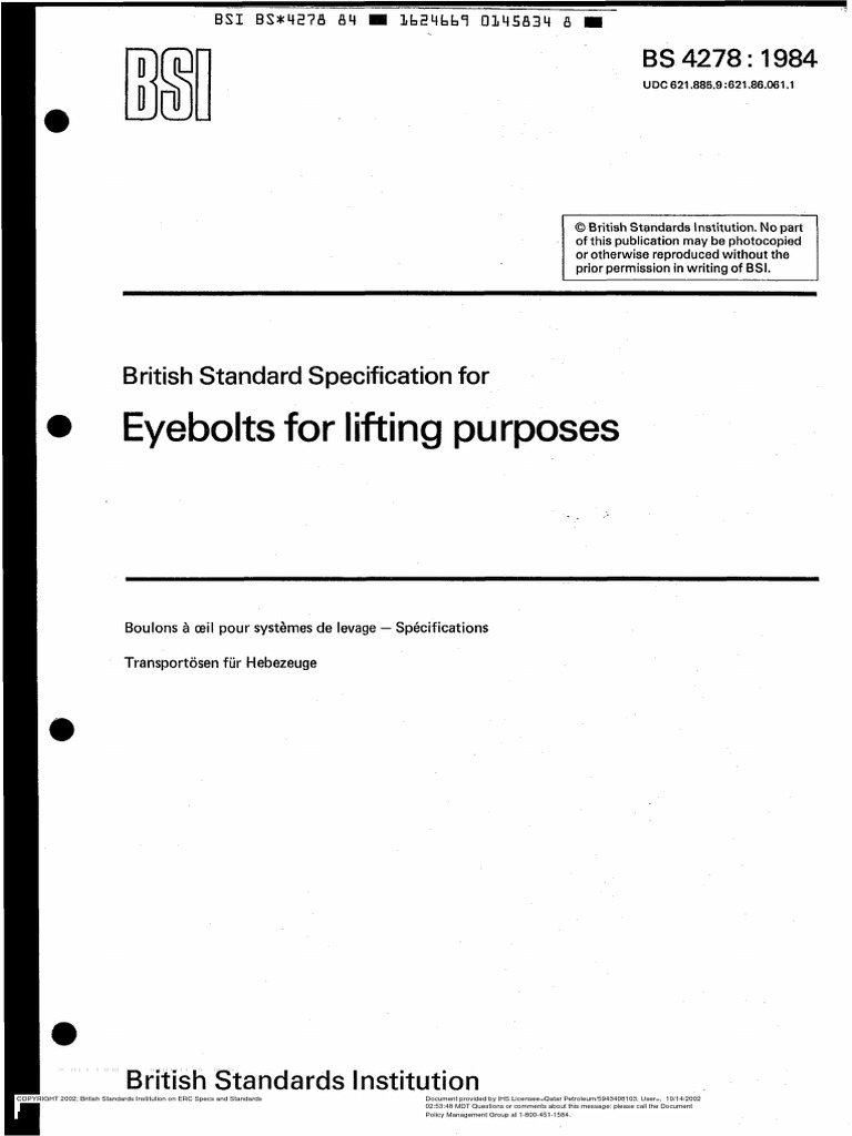 BS 4278-Eyebolts For Lifting Purposes PDF | PDF | Screw | Metalworking