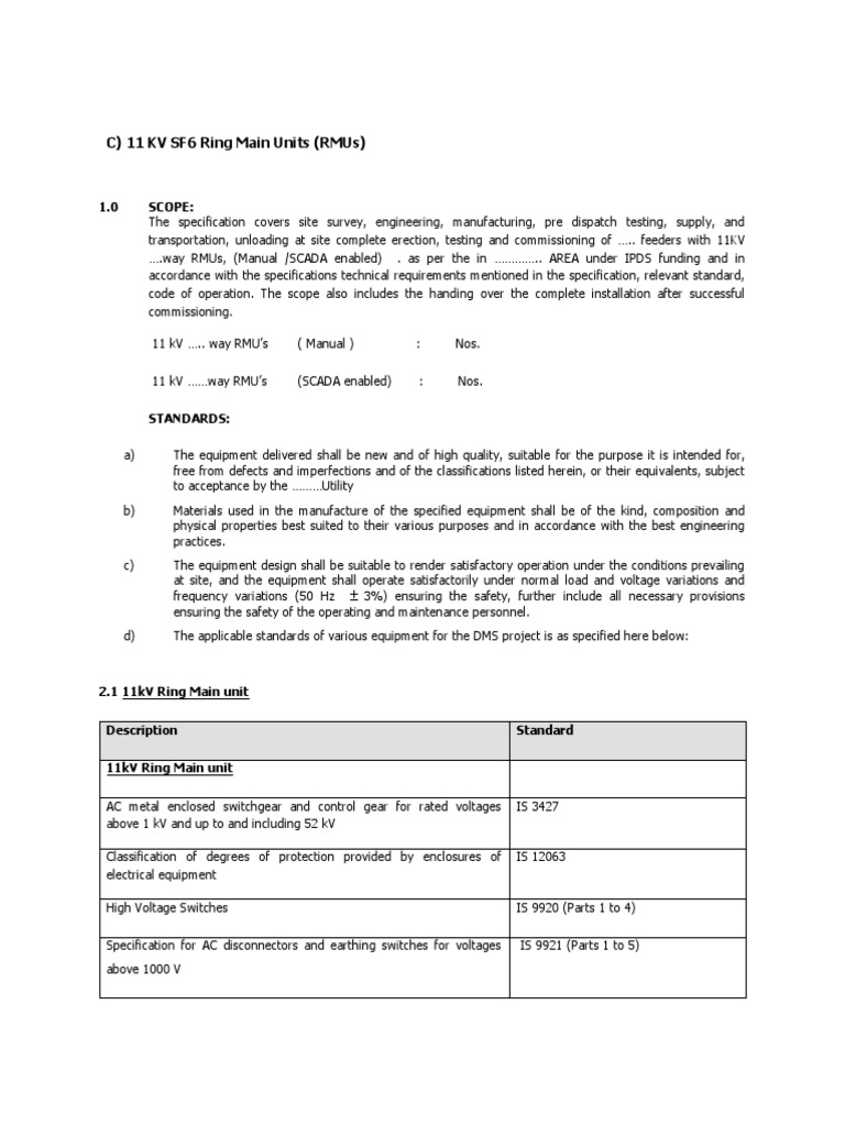11 KV RMU-Tech. Spec PDF | PDF | Relay | Switch
