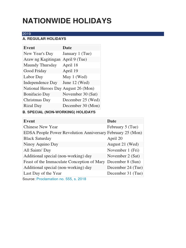 Nationwide Holidays: Event Date | PDF