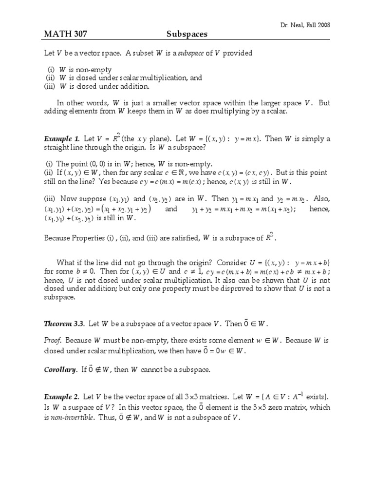 MATH 307 Subspaces: V W V W W W W W W | PDF | Linear Subspace | Vector Space