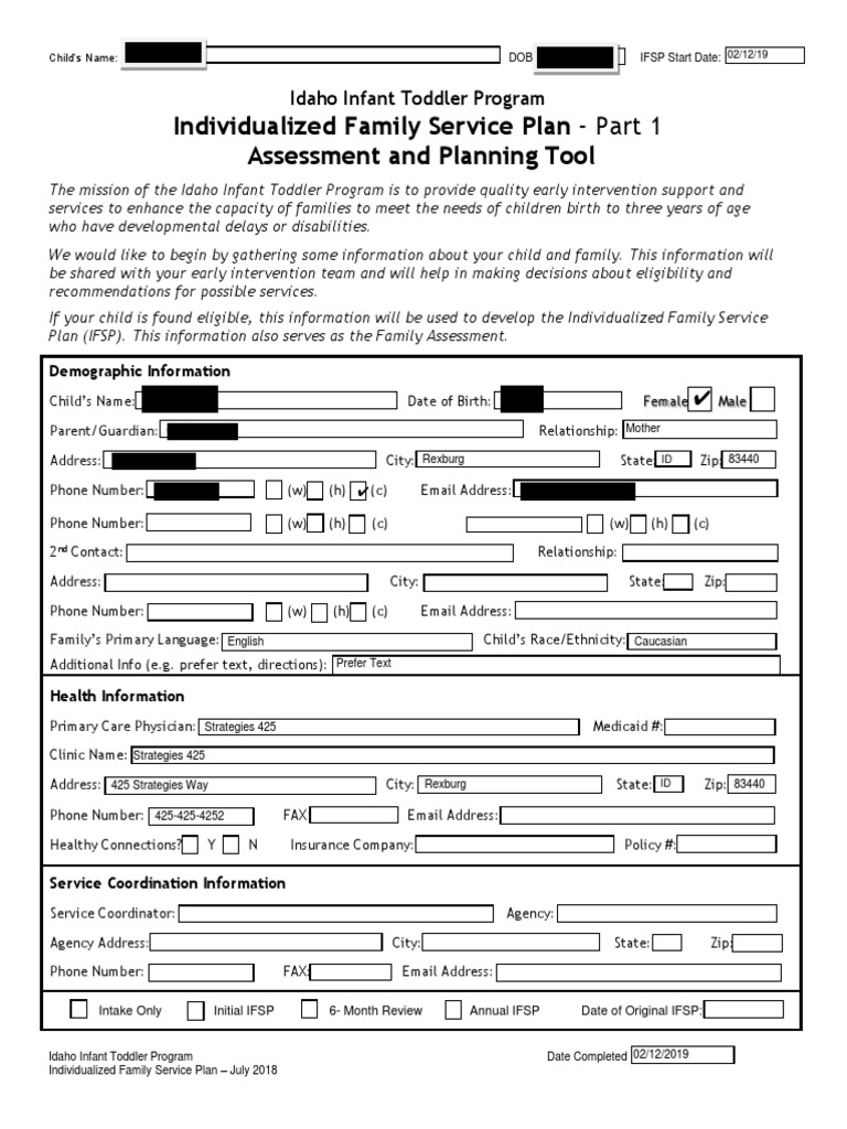 Individualized Family Service Plan - Part 1 Assessment and Planning ...