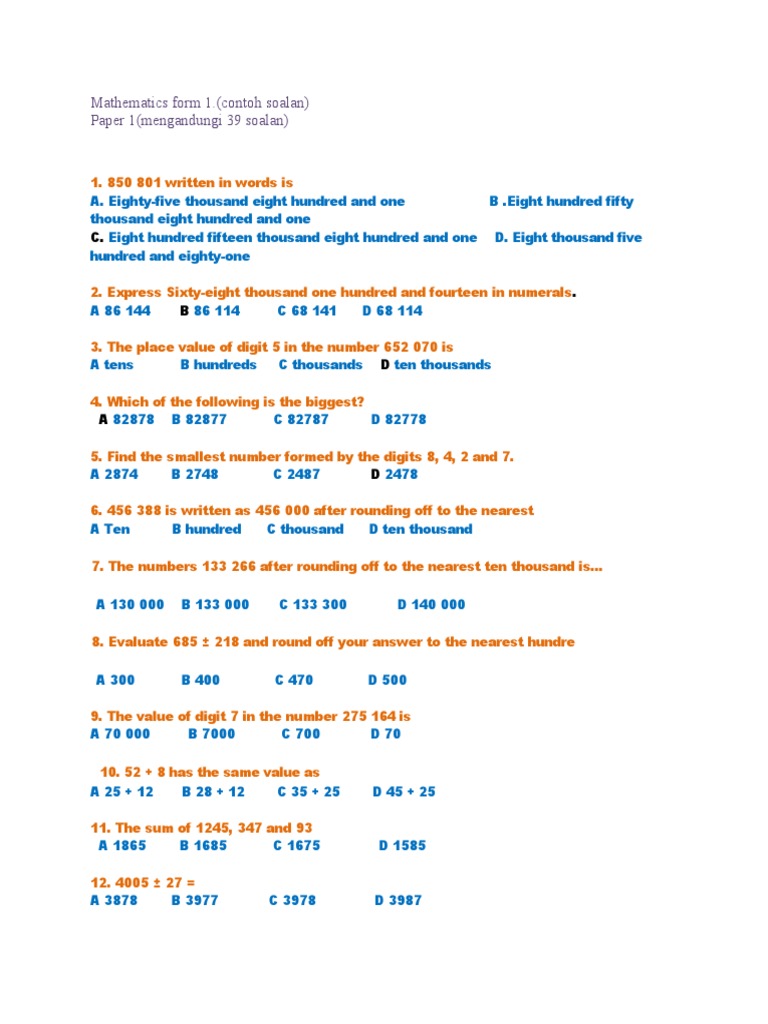 Form 1 Mathematics Exercise Questions | PDF | Numbers | Prime Number