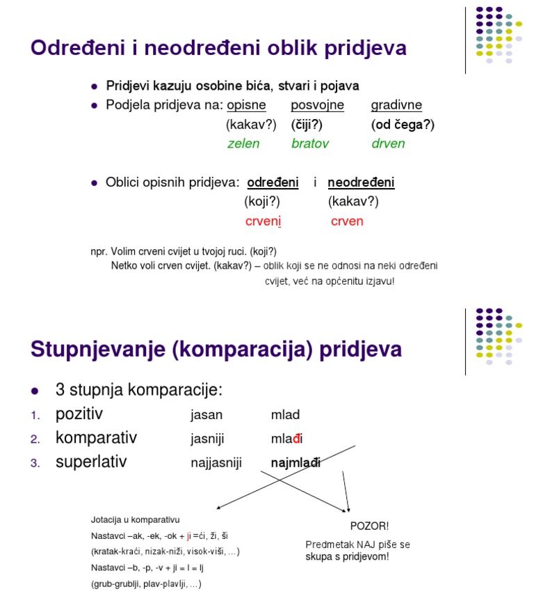 Određeni I Neodređeni Oblik Pridjeva + Komparacija | PDF