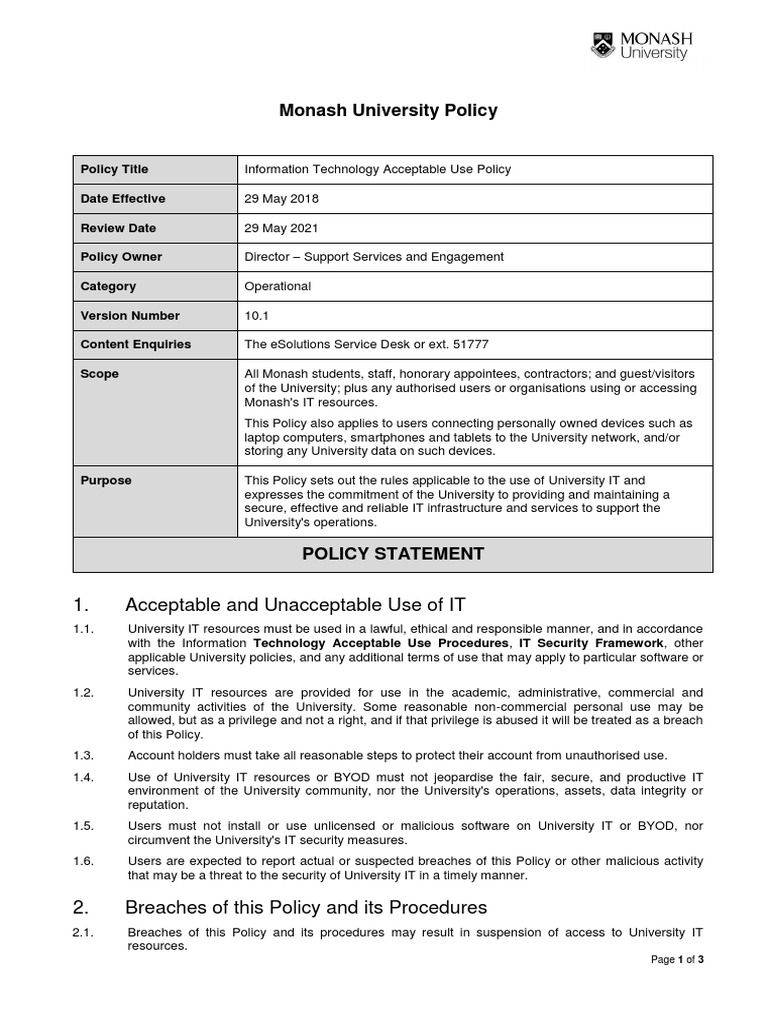 Monash University Policy: 1. Acceptable and Unacceptable Use of IT ...
