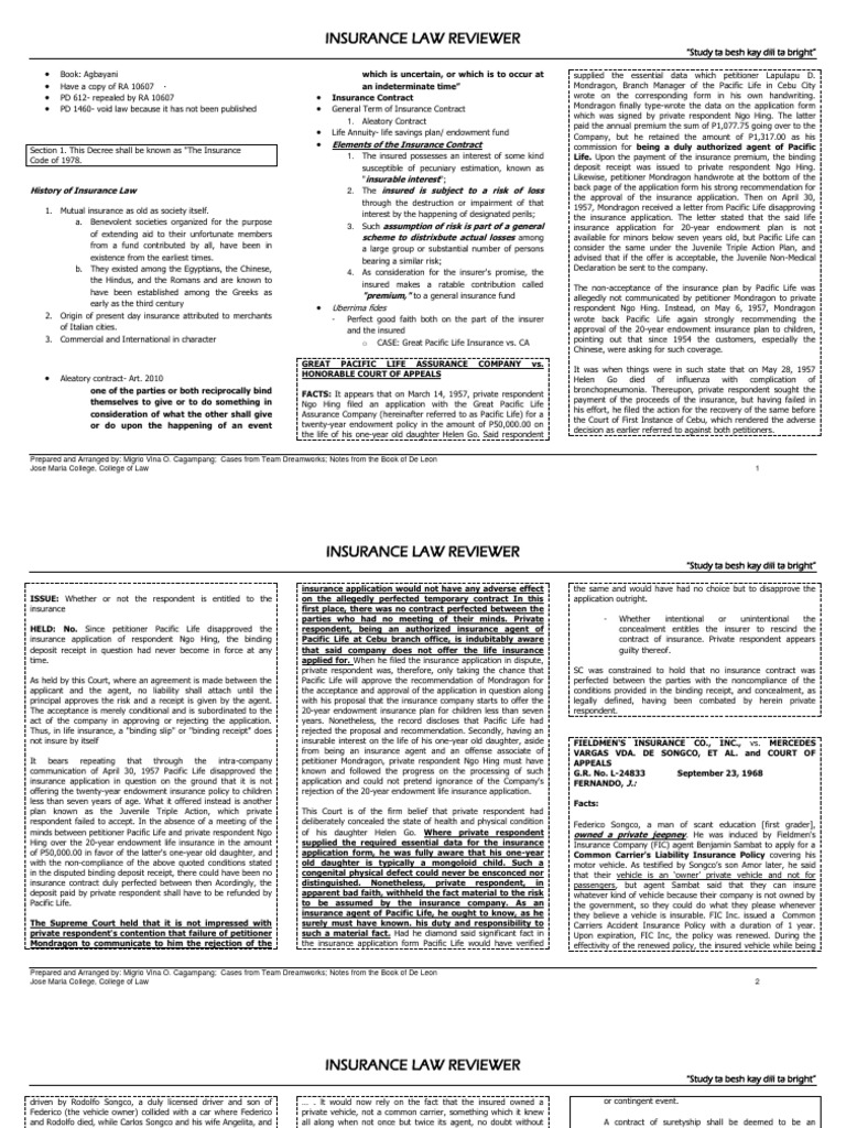 Insurance Law Notes | PDF | Liability Insurance | Insurance