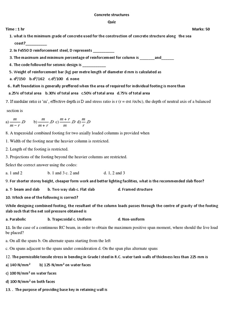 Concrete Structures Quiz: Key Terms | PDF | Bending | Column