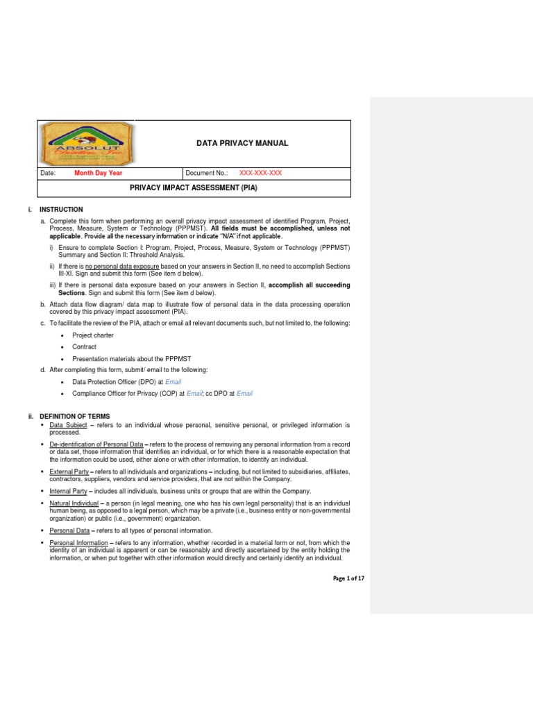 Data Privacy Manual: Privacy Impact Assessment (Pia) | PDF | Personally ...