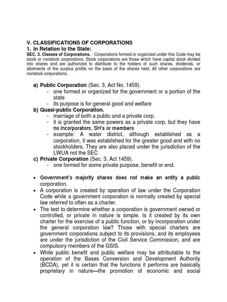 V. Classifications of Corporations 1. in Relation To The State | PDF ...