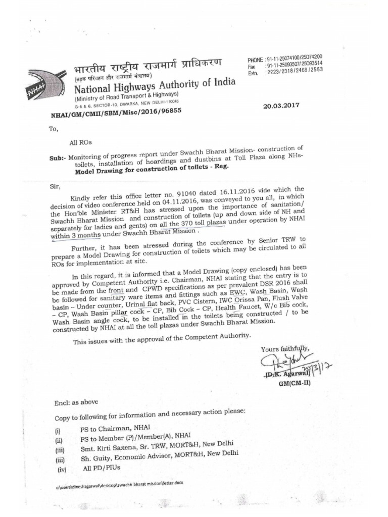 NHAI Cilcular On Toilet Block | PDF