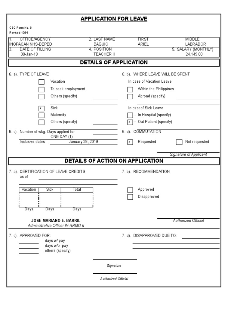 Application For Leave | PDF | Government | Health Care