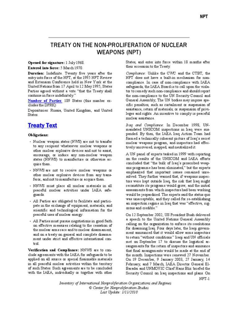 Treaty On The Non-Proliferation of Nuclear Weapons (NPT) | PDF | Treaty ...