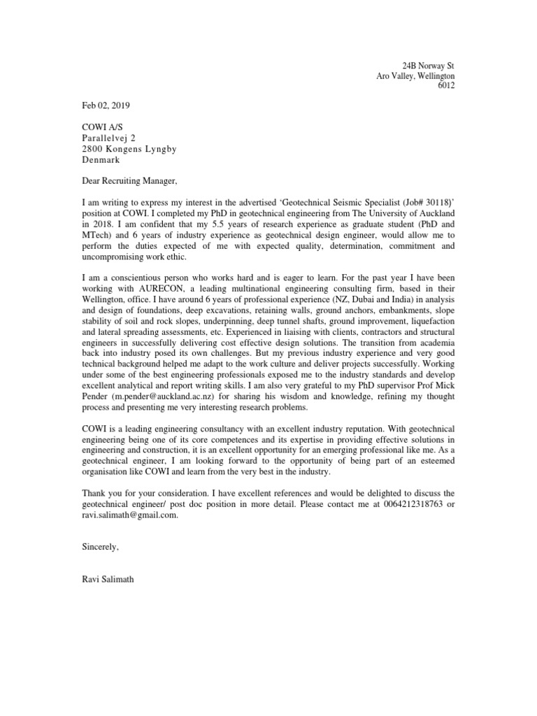 Cover Letter COWI | Geotechnical Engineering | Engineering