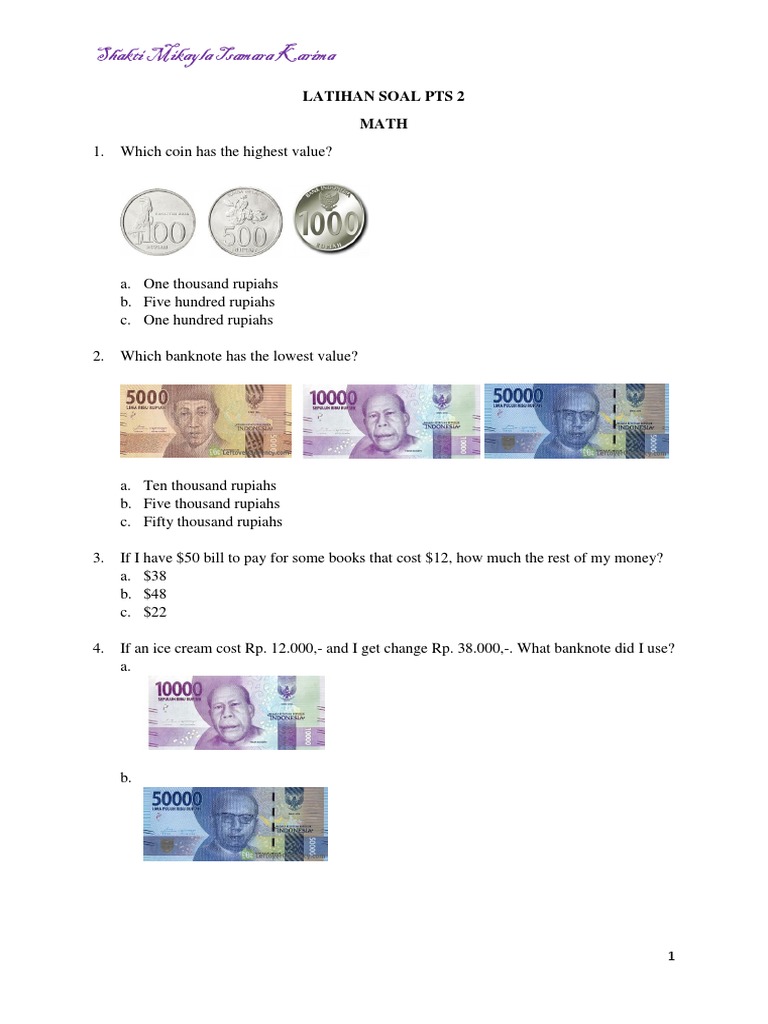 Kelas 2 - Latihan Soal PTS 2 Math | PDF | Indonesian Rupiah | Banknote