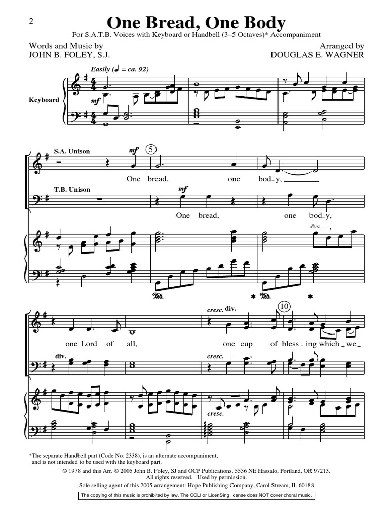 One Bread, One Body: For S.A.T.B. Voices With Keyboard or Handbell (3-5 ...