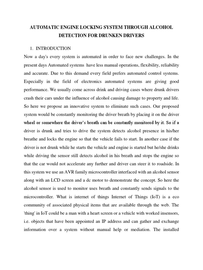 Automatic Engine Locking System Through Alcohol Detection For Drunken Drivers | PDF ...