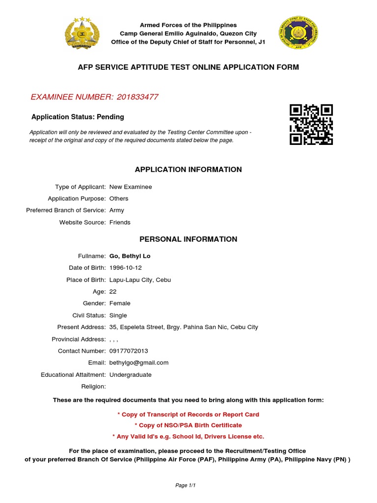 Example of AFPSAT Application Forms | PDF