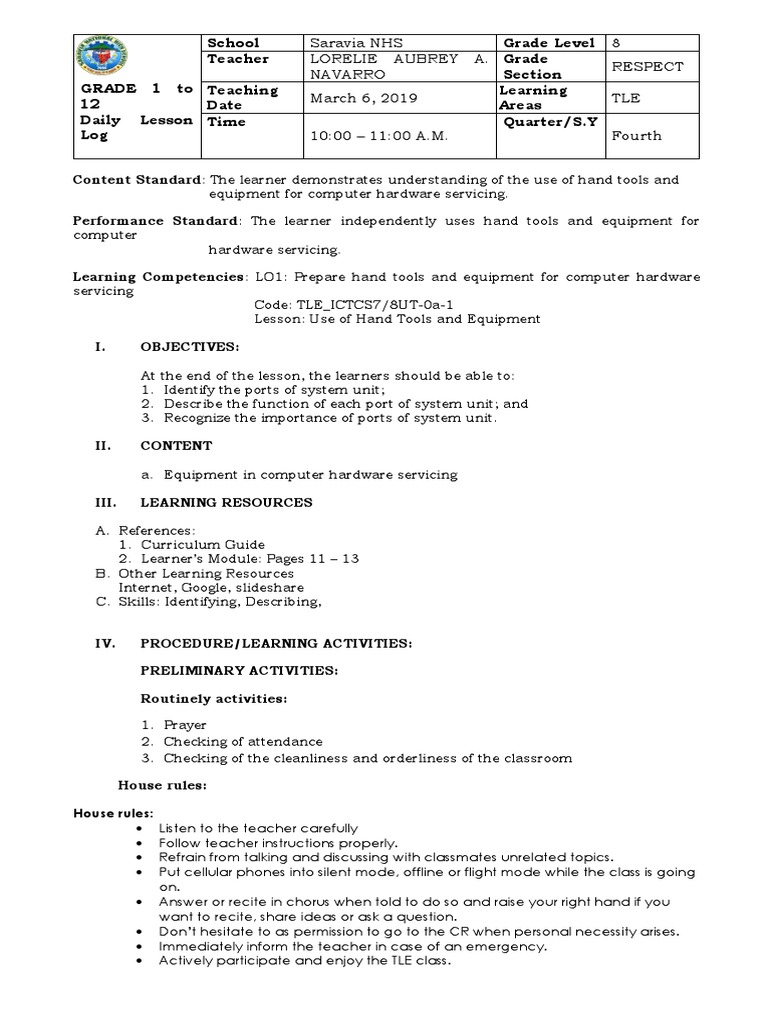 Lesson Log in Ports of Computer Hardware | PDF | Teachers | Change
