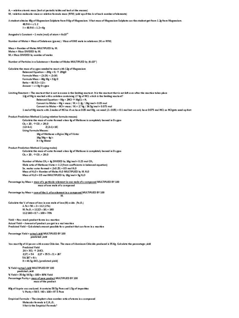 Chemistry Cheat Sheet | PDF | Mole (Unit) | Concentration