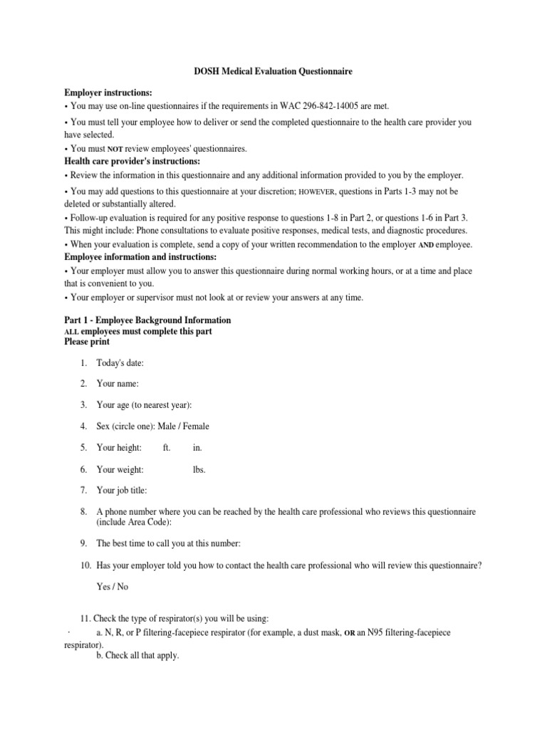 DOSH Medical Evaluation Questionnaire Employer Instructions | PDF ...