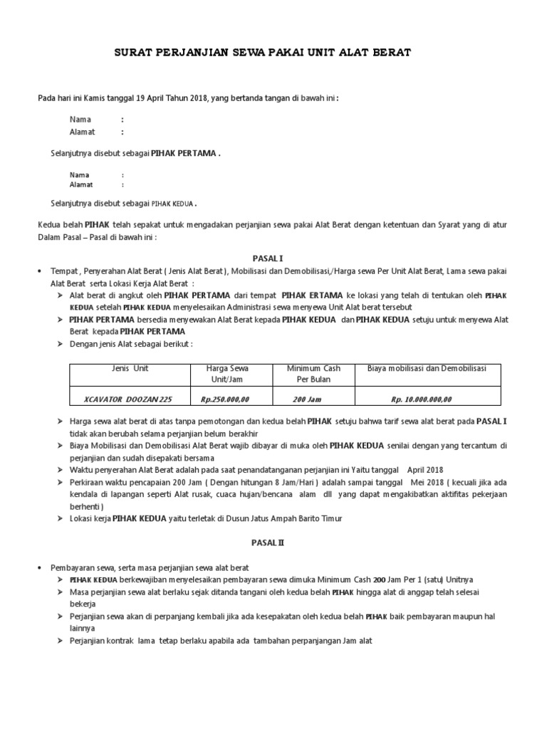 Surat Perjanjian Sewa Pakai Unit Alat Berat | PDF