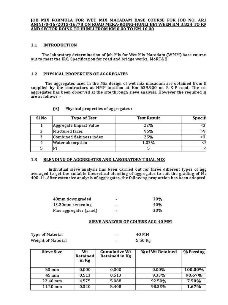 Job Mix Formula for Wet Mix Macadam | PDF | Construction Aggregate | Sand