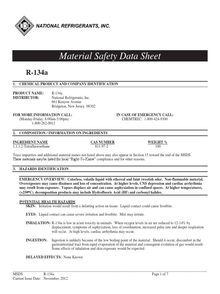 MSDS 134a | PDF | Combustion | Materials