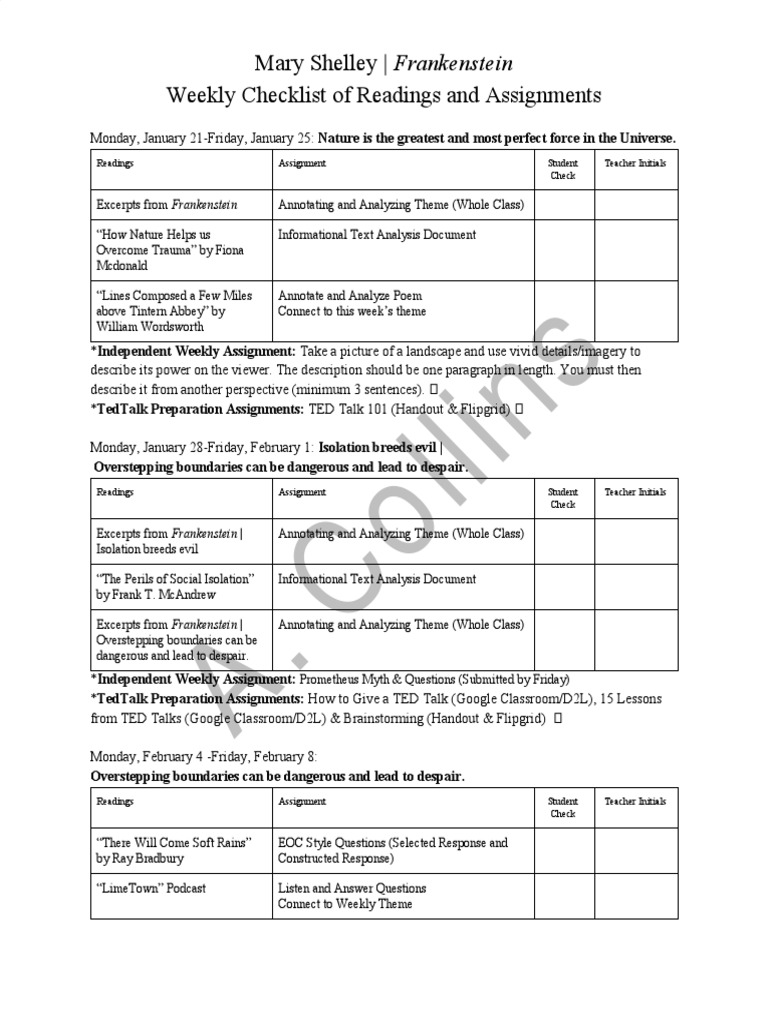 Frankenstein Weekly Checklist | PDF