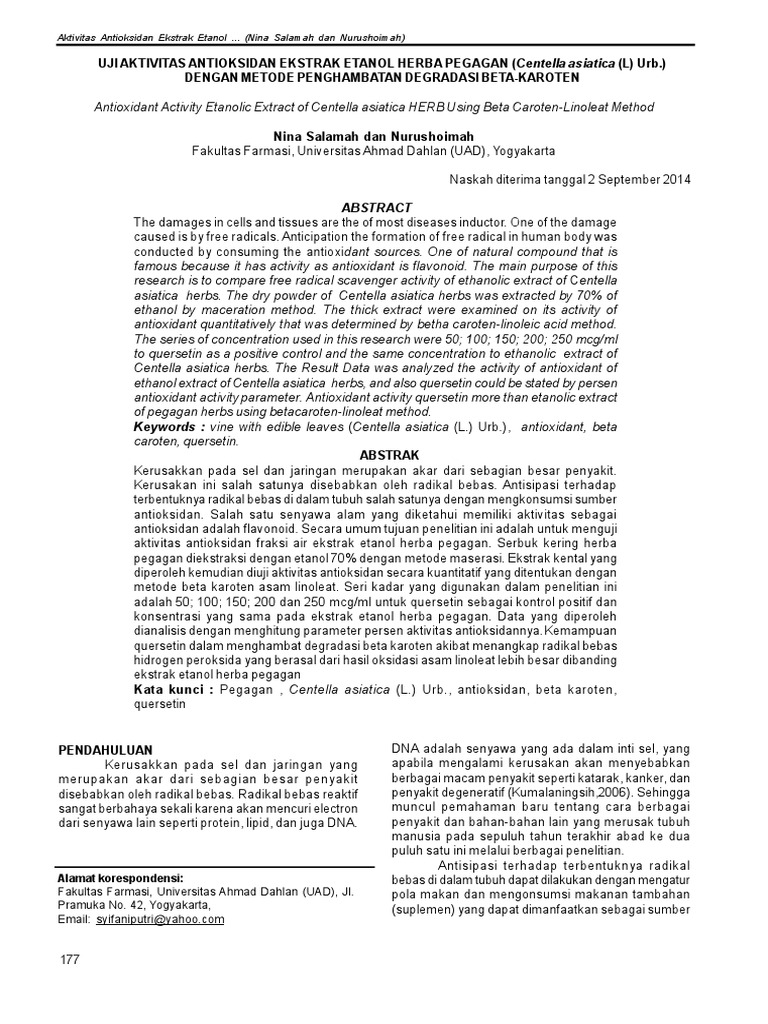 Uji Aktivitas Antioksidan Ekstrak Etanol Herba Pegagan Centella Asiatica L Urb. Dengan Metode ...