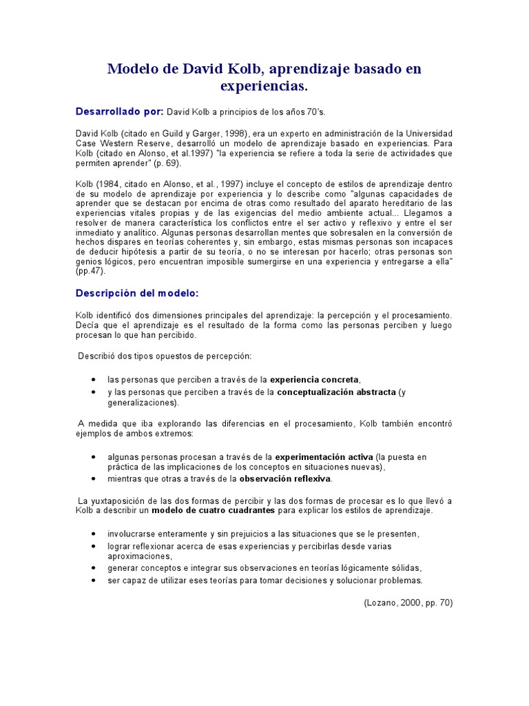 Aprendizaje Experiencial 4 Modelo de David Kolb | PDF | Aprendizaje | Teoría