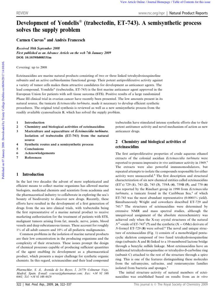 Development of Yondelis (Trabectedin, ET-743) - A Semisynthetic Process ...